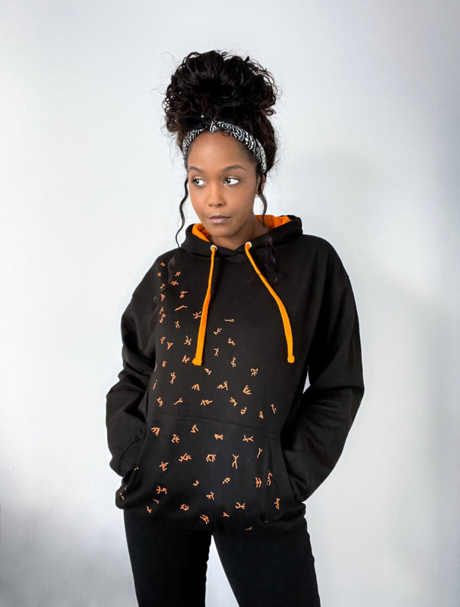 Stick figures hoodie, black/orange – ARTsy clothing